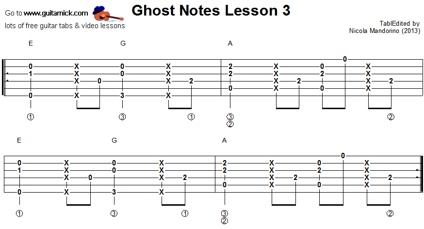 Ghost Notes guitar lesson 3: GuitarNick.com